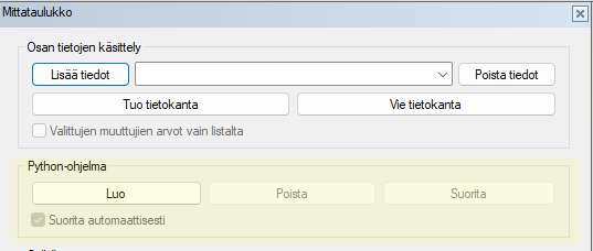 Vertex G4:n 3d-mallin mittataulukossa ei näy Python-osiota