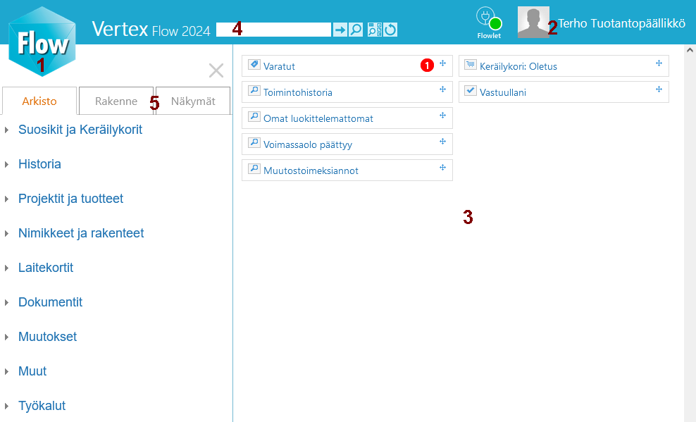Flow'n käyttöliittymän osa-alueet